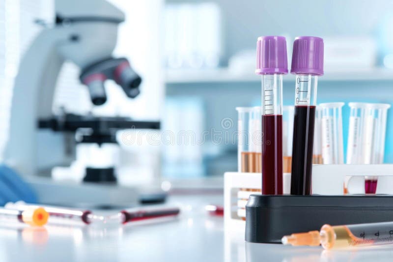 Blood Samples and Microscope in a Clinical Laboratory Setting Stock ...