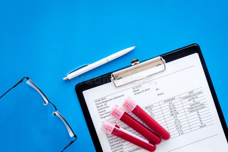 Blood Test Results on Blue Background Top View Copy Space Stock Image ...