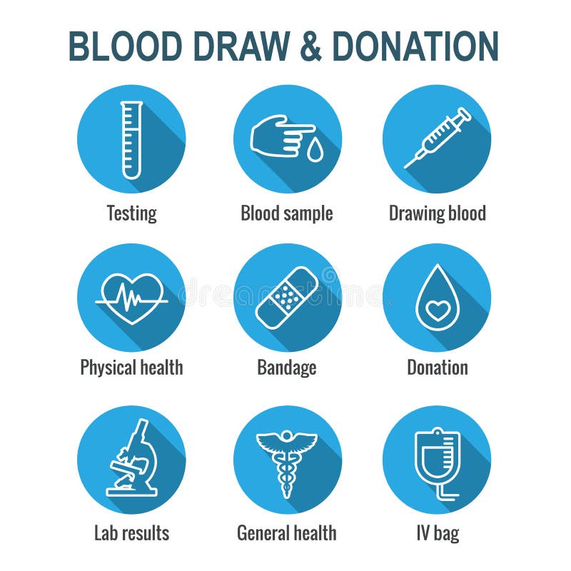Blood Testing and Work Icon Set with Syringe, Donation, & Blood Sample ...