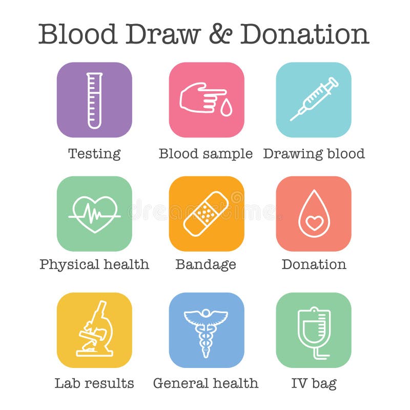 Blood Testing and Work Icon Set with Syringe, Donation, & Blood Sample ...