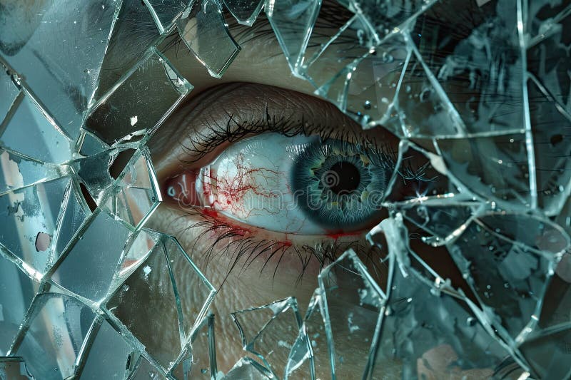 A Bloodshot Eye Sees through Broken Reality, Shattered Vision Stock ...