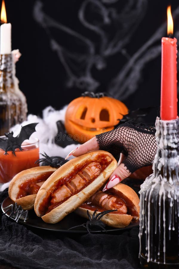 Bloody Hot Dog in the Hands of a Witch Stock Image - Image of ...
