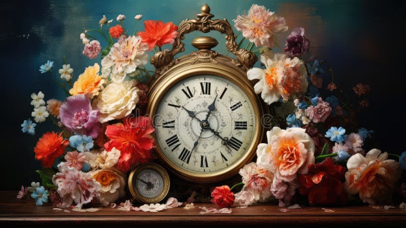 Bloom clock and flowers stock illustration. Illustration of marigold ...