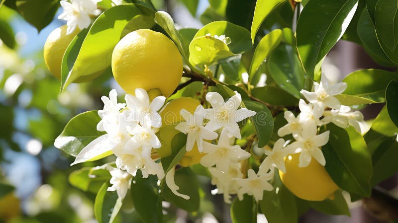 Bloom lemon tree stock illustration. Illustration of sunlight - 369398048
