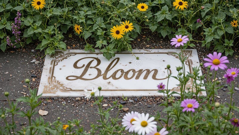 Bloom Sign in Marble with Golden Cursive Surrounded by Wildflowers ...
