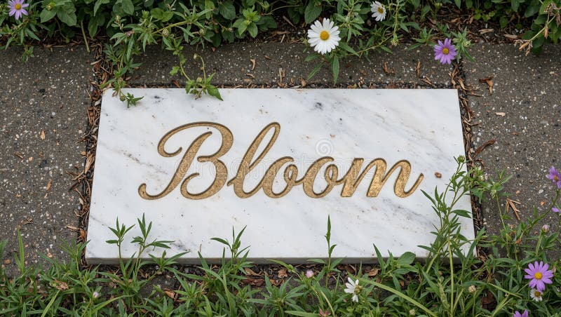 Bloom Sign in Marble with Golden Cursive Surrounded by Wildflowers ...