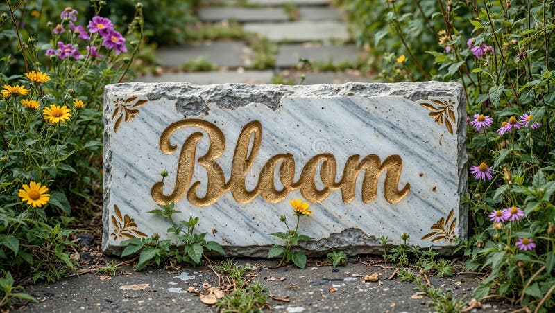 Bloom Sign in Marble with Golden Cursive Surrounded by Wildflowers ...