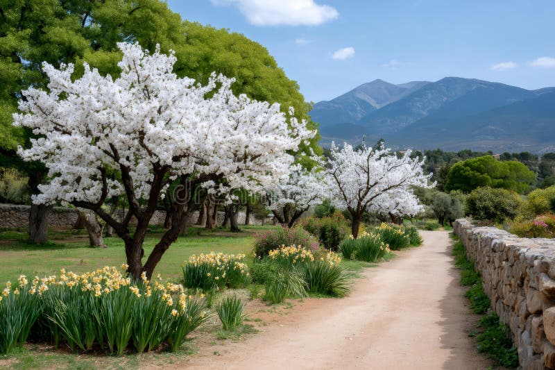 Blooming Almond Trees Creating a Mesmerizing Path in Spring Stock Illustration - Illustration of ...