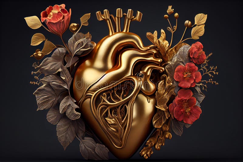 Blooming Anatomical Human Golden Heart, Illustration Stock Illustration ...