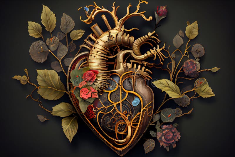 Blooming Anatomical Human Golden Heart, Illustration Stock Photo ...