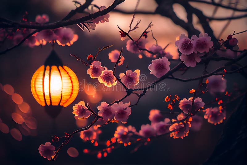 Blooming Apple Tree Decorated with Lampion Stock Illustration ...