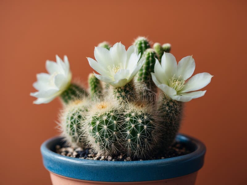 Blooming Cactus in Blue Flowerpots on a Orange Background. Stock Image ...