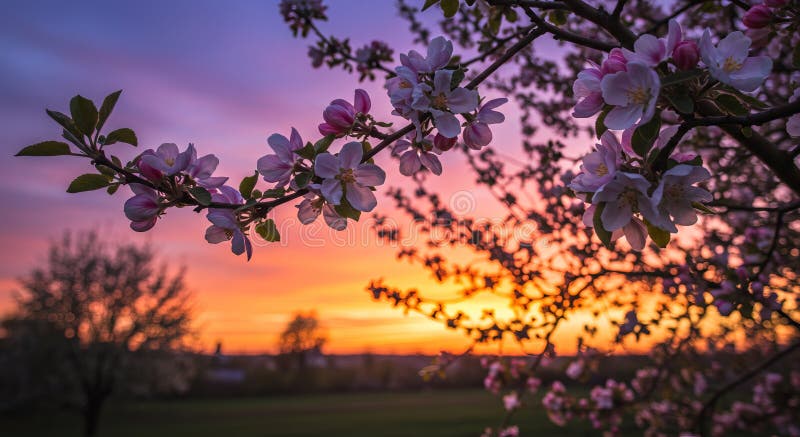 Blooming Cherry Blossoms Against Vibrant Sunset Sky Springtime Garden ...