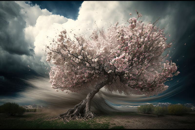 Blooming Cherry Tree in Full Bloom, with Blooms Falling To the Ground ...