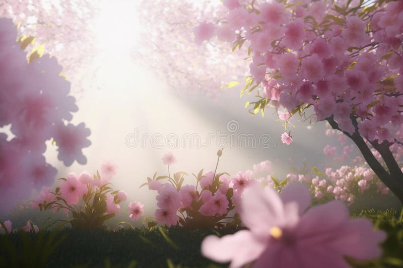 Blooming Cherry Tree with Pink Flowers in Soft Sunlight Stock ...