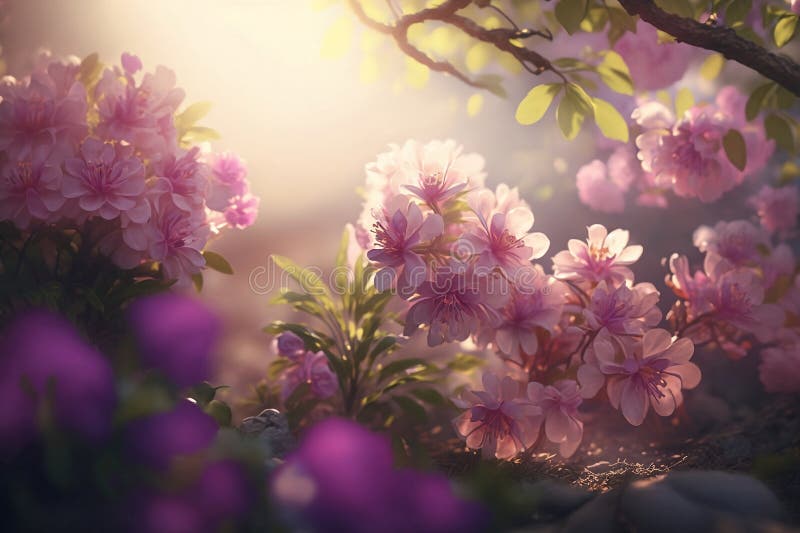 Blooming Cherry Tree with Pink Flowers in Soft Sunlight Stock ...
