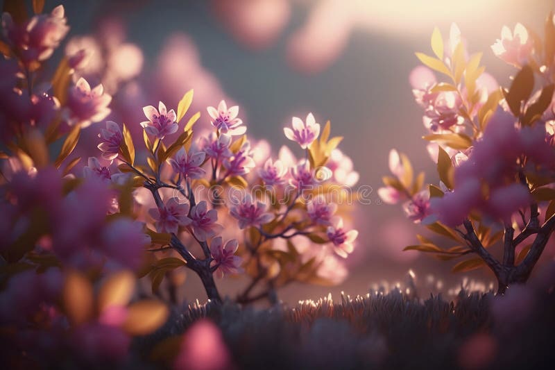 Blooming Cherry Tree with Pink Flowers in Soft Sunlight Stock ...