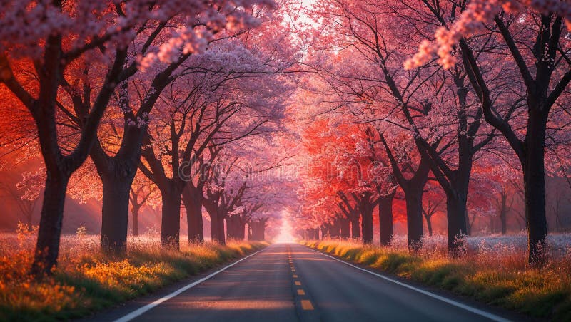 Blooming Cherry Trees Line Scenic Road at Sunrise Stock Illustration ...