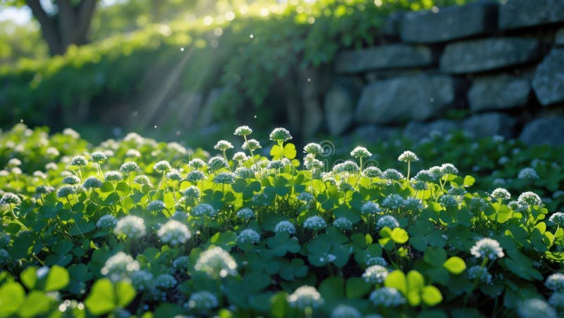Sunlit Clover Field with Stone Wall Background Stock Illustration ...