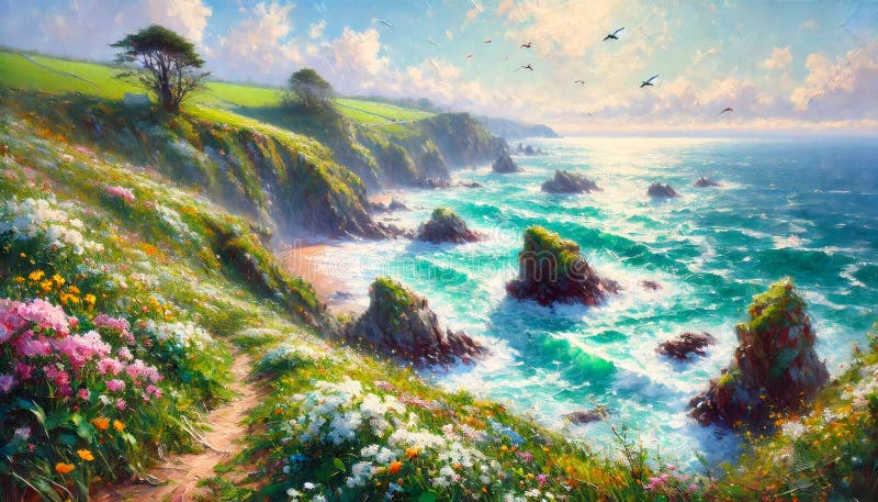 Blooming Coastal Cliffs in Springtime, Impressionist Landscape Painting ...