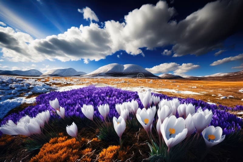A Blooming Crocus Field in the Spring, with a Blue Sky and Fluffy ...