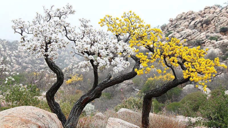 Blooming Desert Trees, Rocky Hills, Misty Morning, Spring Stock Image ...