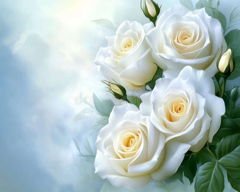 Blooming Elegance Delicate Bouquet of Pristine White Roses Against a Serene Blue Sky Stock ...