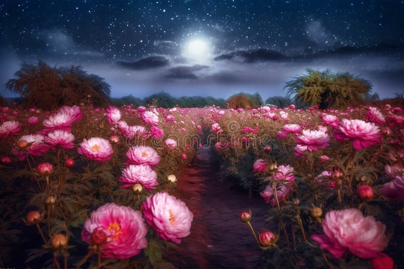 Blooming Field of Pink Peonies at Full Moon Night Stock Illustration ...