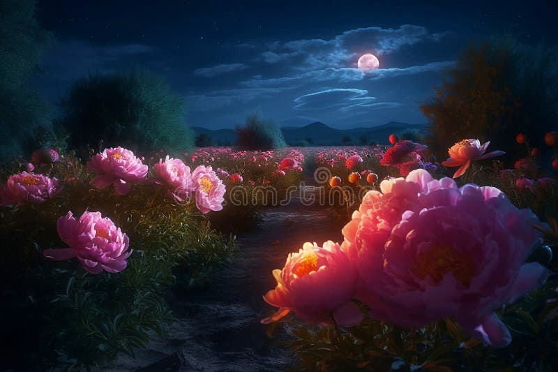 Blooming Field of Pink Peonies at Full Moon Night Stock Illustration ...