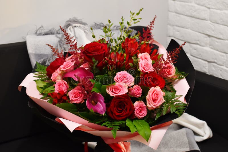 Blooming Flower Bouquet in a Stylish Package Stock Image - Image of ...