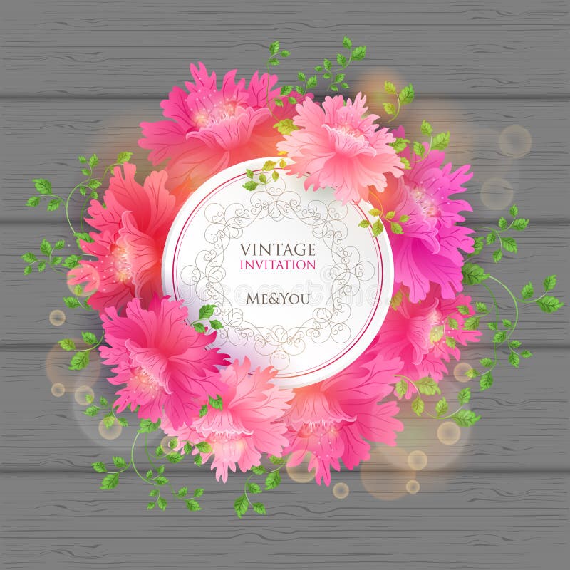 Blooming Flowers Postcard with Vintage Invitation Tag Stock Vector ...