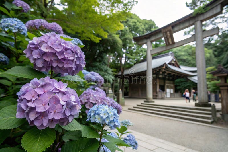 Blooming Hydrangeas at Hakusan Shrine, Tokyo Stock Illustration ...