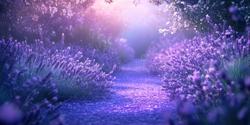 Blooming Lavender Pathway Amidst Lush Foliage Under Soft Evening Light ...