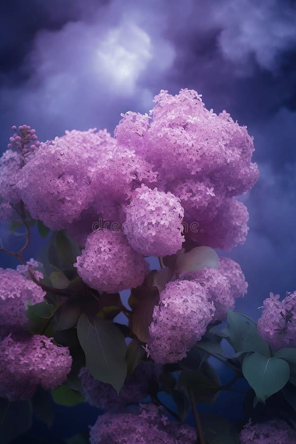 Blooming Lilac Bush at Fullmoon Night Stock Illustration - Illustration ...