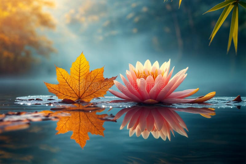 Blooming Lotus and Yellow Maple Leaf. Mystical Lake at Sunset Stock ...