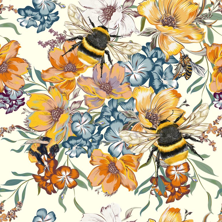 Blooming Midsummer Floral Pattern with Vector Bumblebee and Flowers Stock Vector - Illustration ...