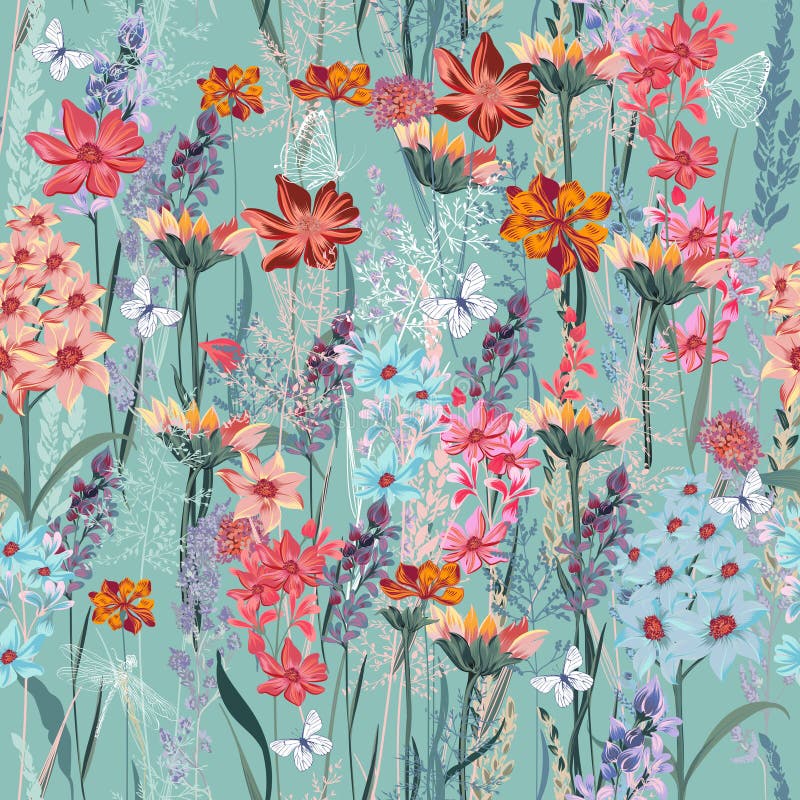 Blooming Midsummer Floral Pattern with Vector Meadow Flowers Stock Vector - Illustration of ...
