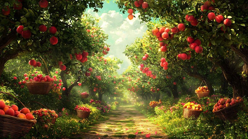 Blooming Orchard with Vibrant Rows of Fruit Trees in Full Flower ...