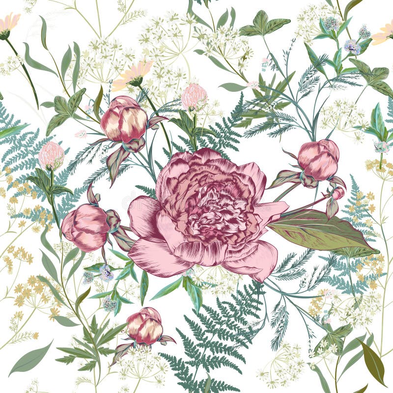 Blooming Peony Floral Pattern with Vector Green Herbs and Flowers Stock ...