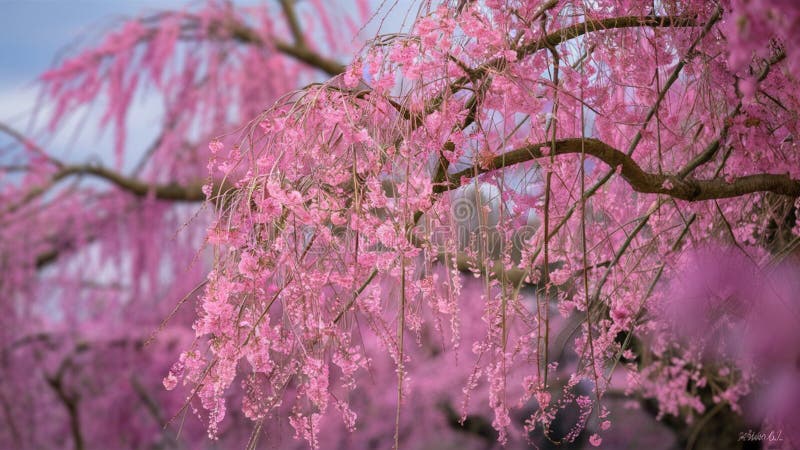 Blooming Pink Cherry Orchard. Cherry Blossoms Stock Illustration ...