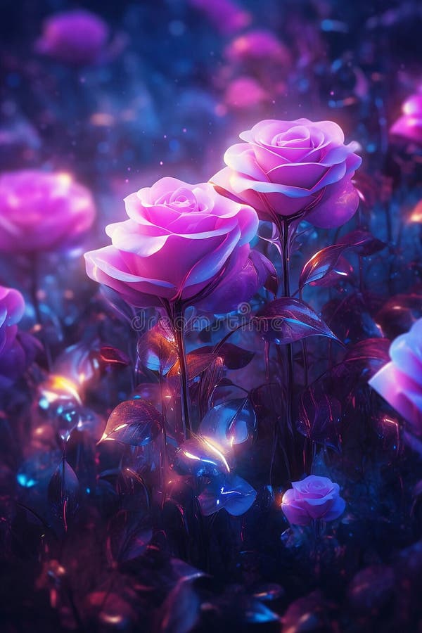 Blooming Pink Roses in Beautiful Glow Close Up Stock Illustration ...