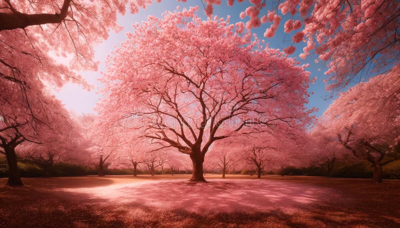Blooming Pink Sakura Trees in Sunlight Stock Illustration ...