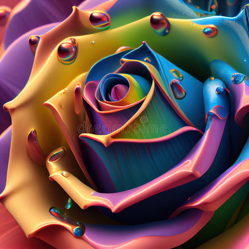 Blooming Rainbow Rose with Water Drops. Stock Illustration ...