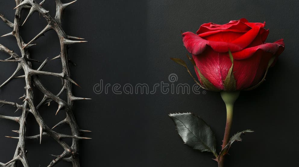 A Blooming Red Rose with Thorns Displayed on a Black Background Stock ...