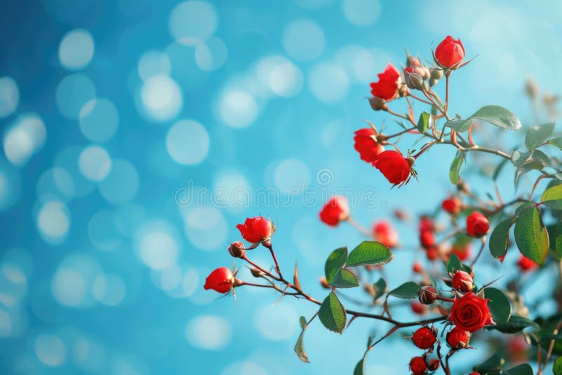 Blooming Rose Bush on a Blue Background. Flowering Rose Hips Against ...