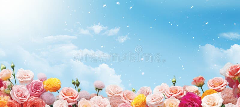 Blooming Rose Bush Creating a Beautiful Spring Border on Blue ...