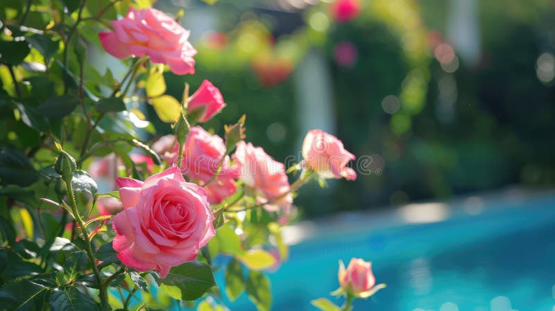 Blooming Rose Bush on the Pool Terrace Stock Image - Image of pink ...