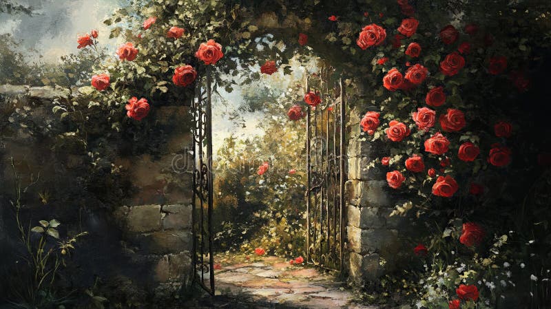Blooming Roses Climbing Up Old Garden Gate. Stock Image - Image of bush ...