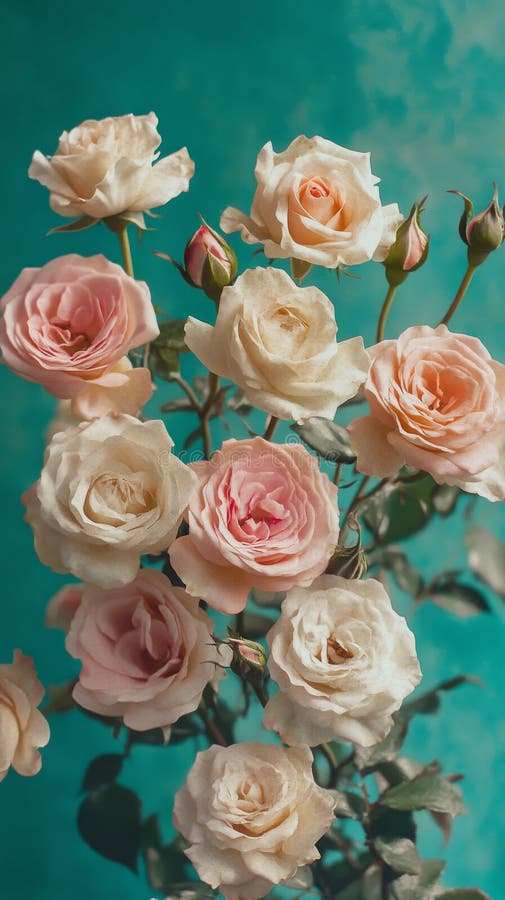 Blooming Roses with Teal Background, Floral Beauty Concept Stock Photo ...