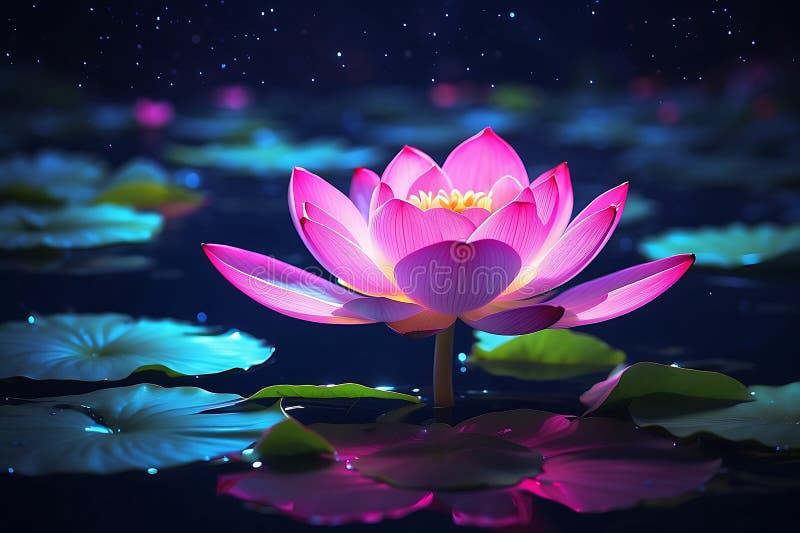 The Blooming Royal Lotus Glows at Night on the Surface of the Water ...